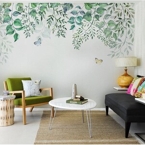 Hanging Spring Green Leaves Wallpaper Wall Mural, Fresh Vine Branch ...