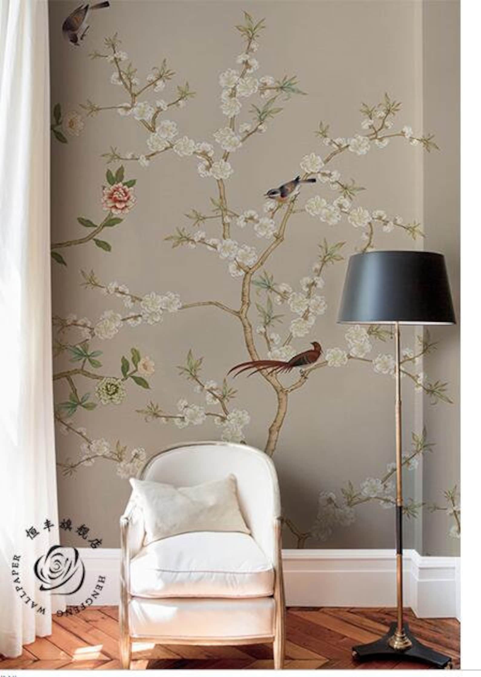 Hand Painted Cherry Tree Chinoiserie Wallpaper Wall Mural - Etsy Canada