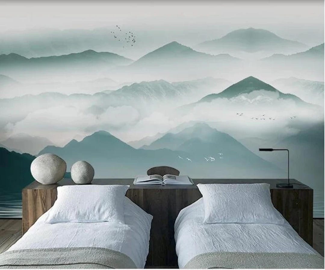 Abstract Ink Mountains Landscape Wallpaper Wall Mural, Foggy Mountains ...