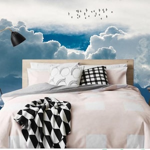 Hand Painted Blue Sky Clouds Wallpaper Wall Mural, Beautiful White ...