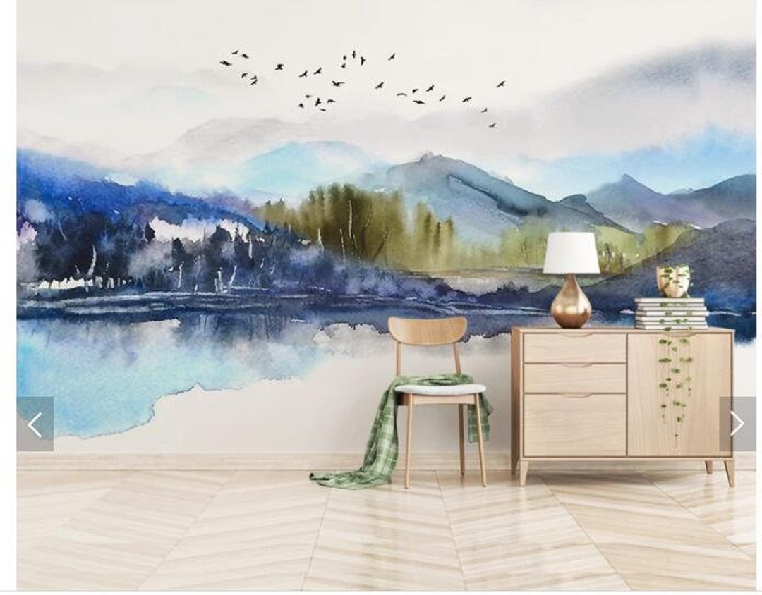 Watercolor Mountains&lake Wallpaper Wall Mural, Abstract Landscape ...