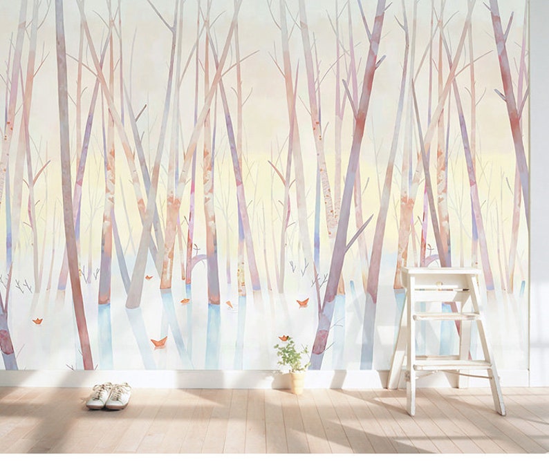 American Style Forests Wallpaper Wall Mural Watercolor Hand | Etsy