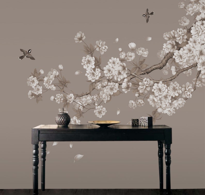 One Large Branch Tree White Flowers Wallpaper Wall Mural | Etsy