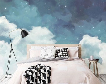 Hand Painted Blue Sky Clouds Wallpaper Wall Mural, Beautiful White ...