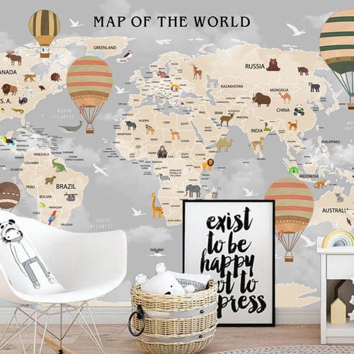 Kids World Map Wall Mural Children Room Removable Wallpaper - Etsy