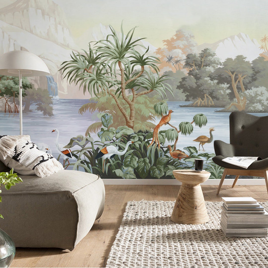 Retro Hand Painted Tropical Rainforest Wallpaper Wall Mural, Jungle ...