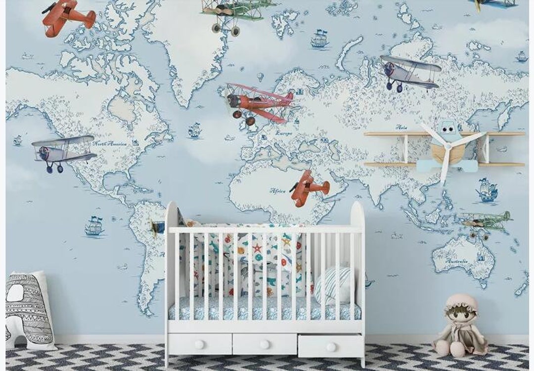 Hand Painted Abstract World Map Nursery Wallpaper Wall Mural, Cartoon ...
