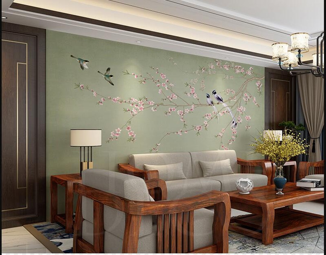 Fine Brushwork Cherry Blossom Flowers Birds Chinoiserie Wallpaper Wall ...