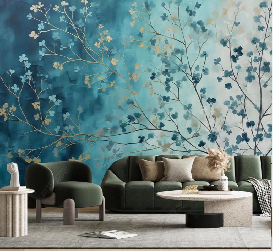 Abstract Oil Painting Leaves Blue Tree Wallpaper Wall Mural, Blue Tree ...