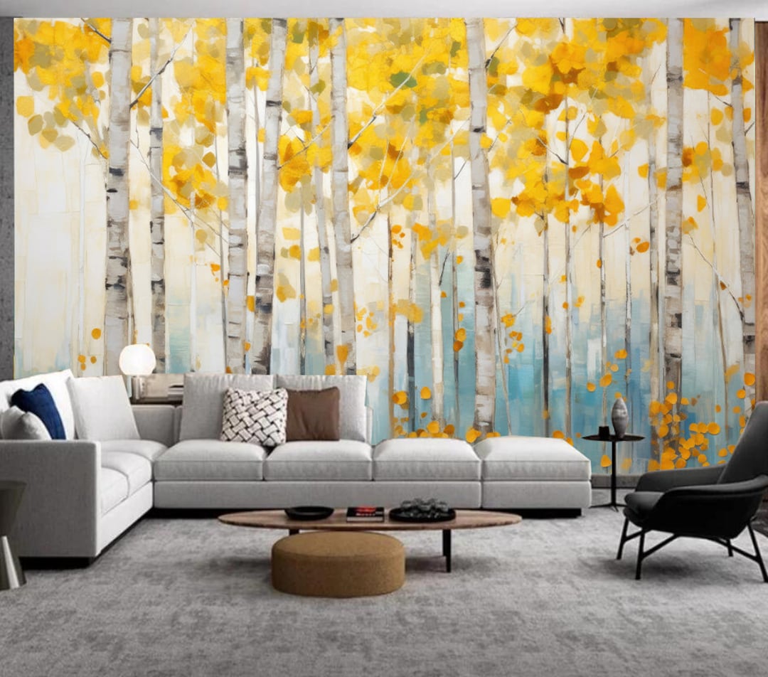 Gilded Aspen Birch Trees Wallpaper Mural: Radiant Forest Wall Decor - Etsy