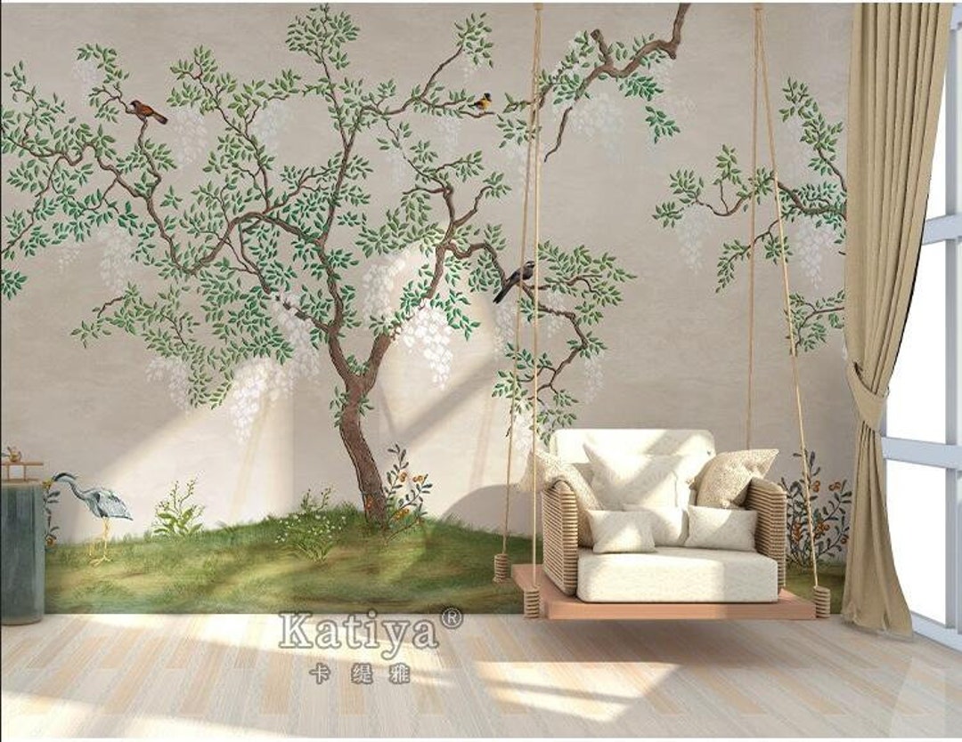 One Large Tree Wallpaper Wall Mural Tree With Birds Mural - Etsy