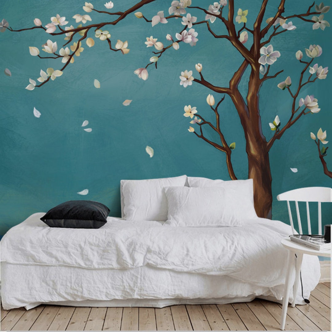 Hand Painted Magnolia Tree Wall Mural: Turquoise Chinoiserie Wallpaper ...