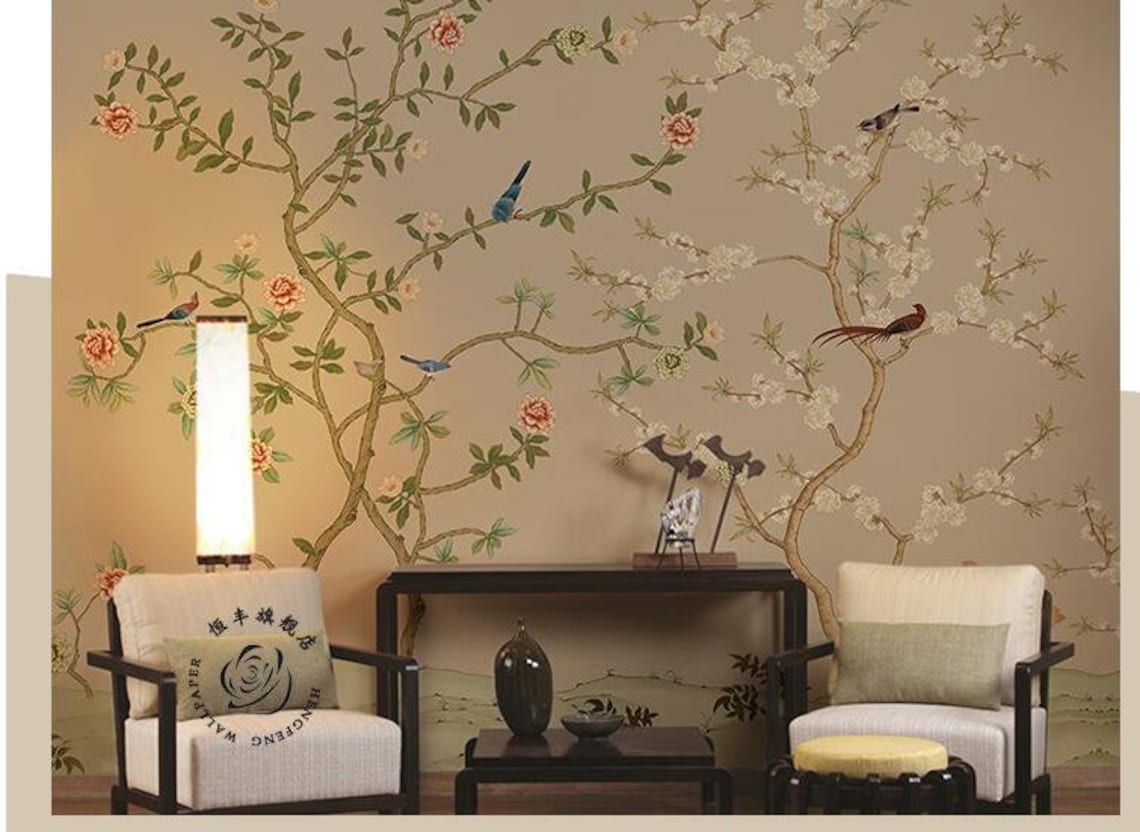 Hand Painted Cherry Tree Chinoiserie Wallpaper Wall Mural - Etsy Ireland