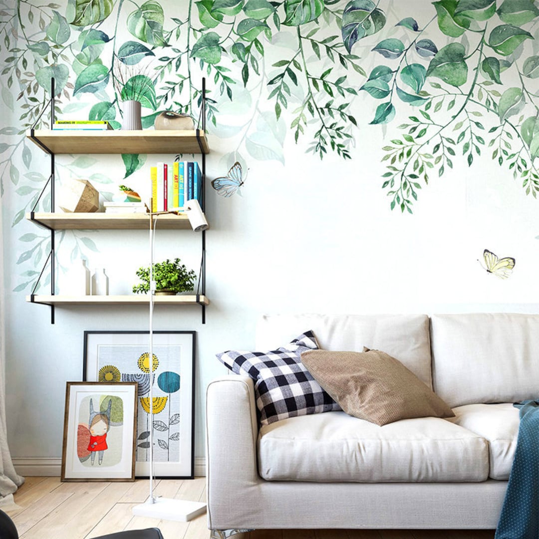Hanging Spring Green Leaves Wallpaper Wall Mural, Fresh Vine Branch ...