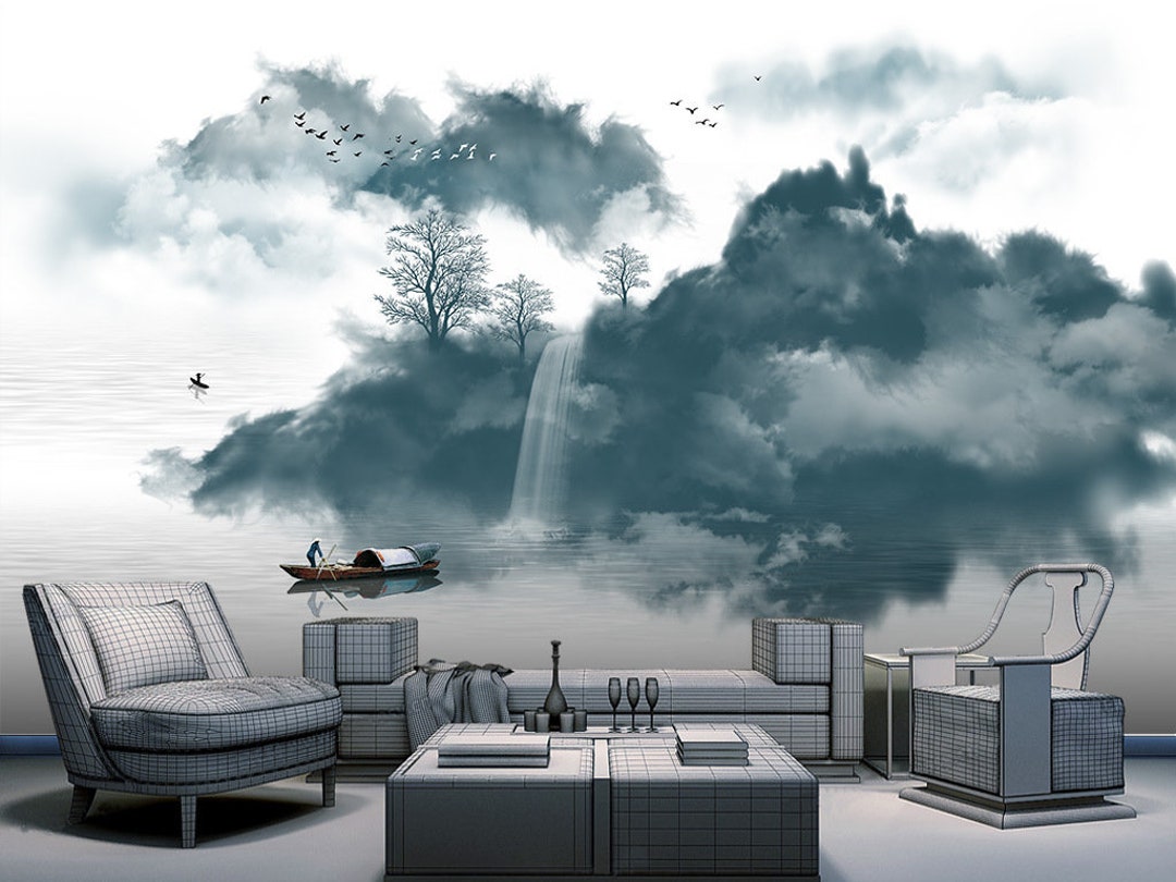 Hand Painted Abstract Mountains&lake Wallpaper Wall Mural, Monutains ...