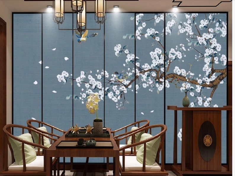 Fine Brushwork Chinoiserie Plum Tree Wallpaper Wall Mural - Etsy