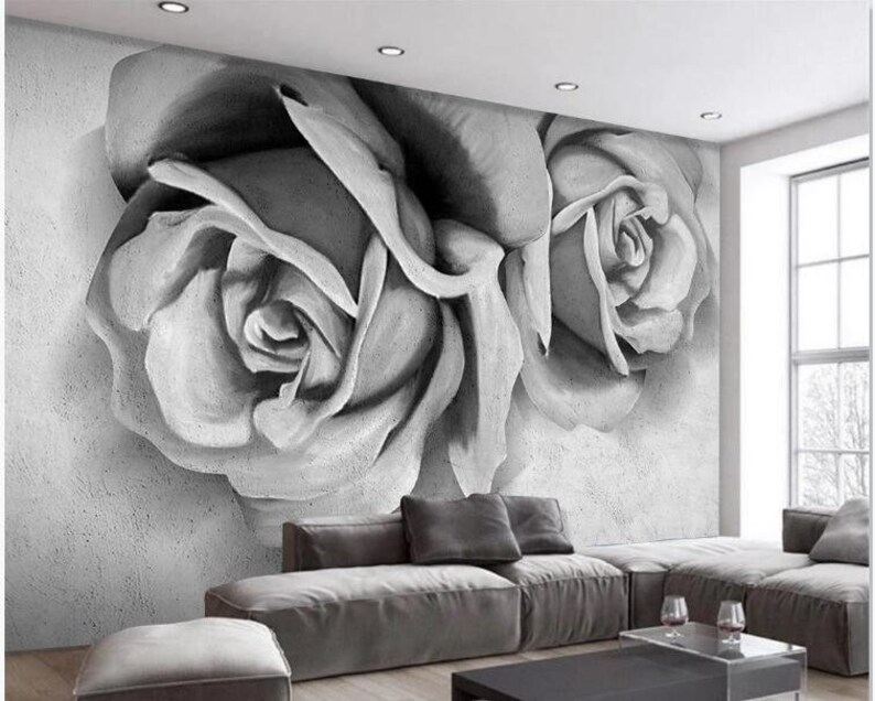 Grey Background Two Big Roses Flowers Floral Wallpaper Wall - Etsy