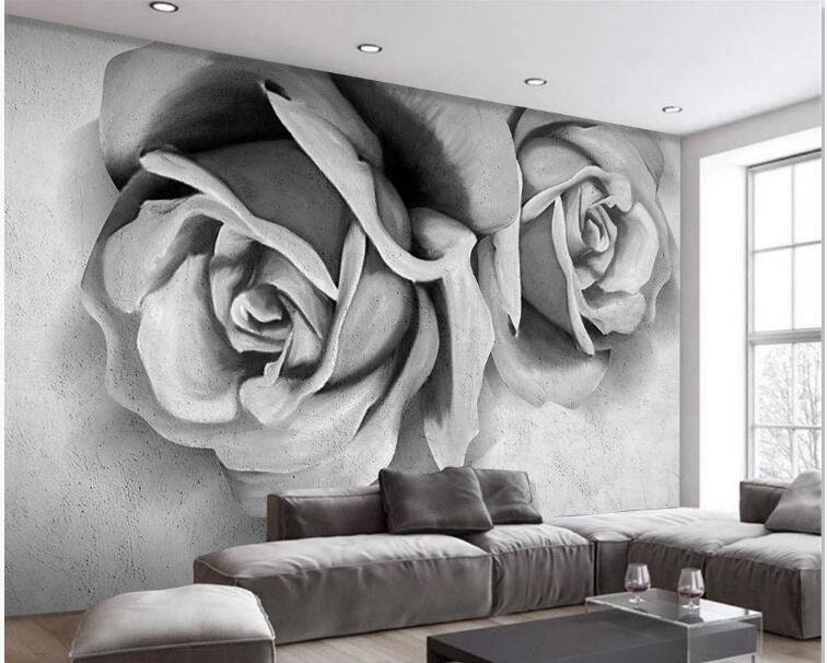 Grey Background Two Big Roses Flowers Floral Wallpaper Wall - Etsy