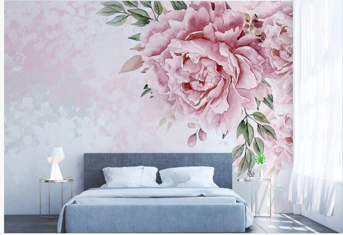 American Countryside Style Pink Floral Flowers Wallpaper Wall - Etsy