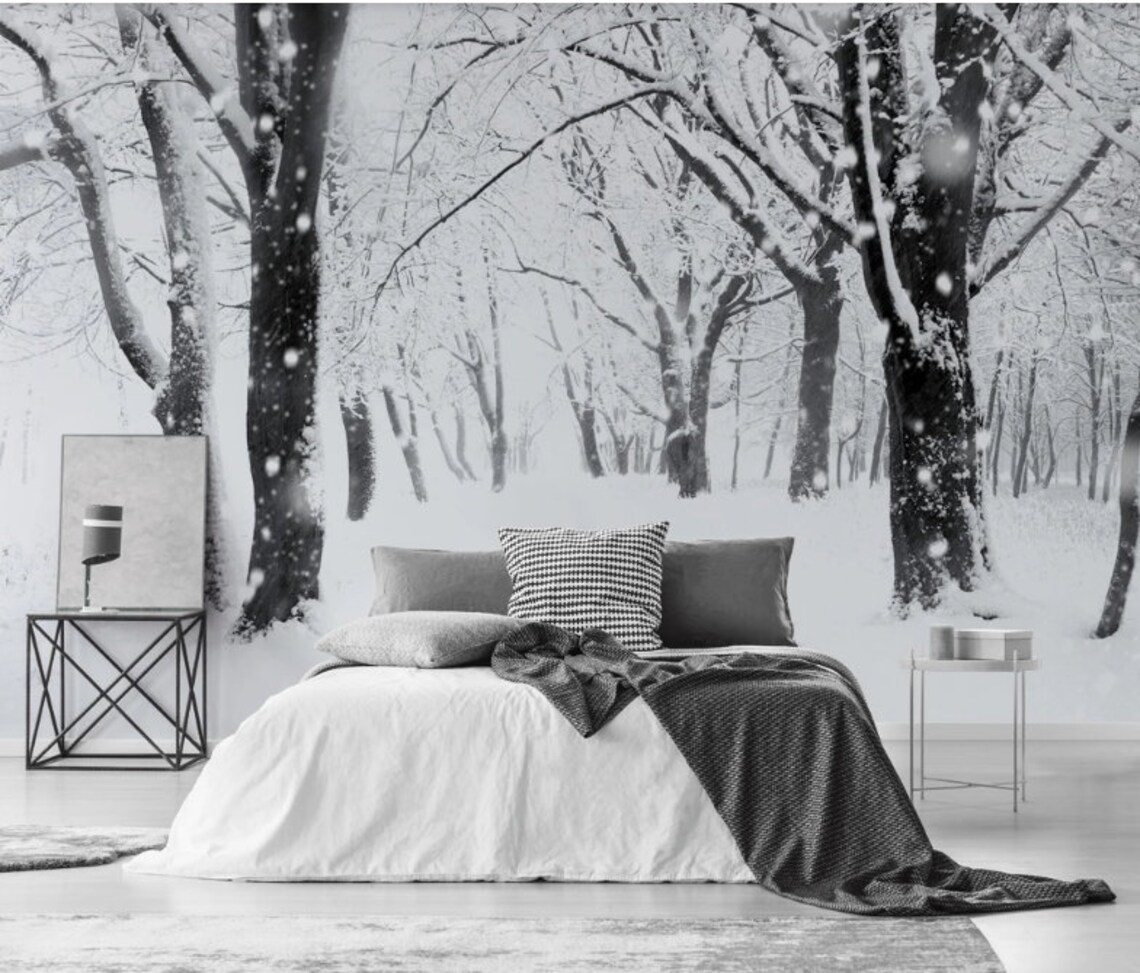 Snow Trees Winter Trees Wallpaper Wall Mural Birch with Snow | Etsy