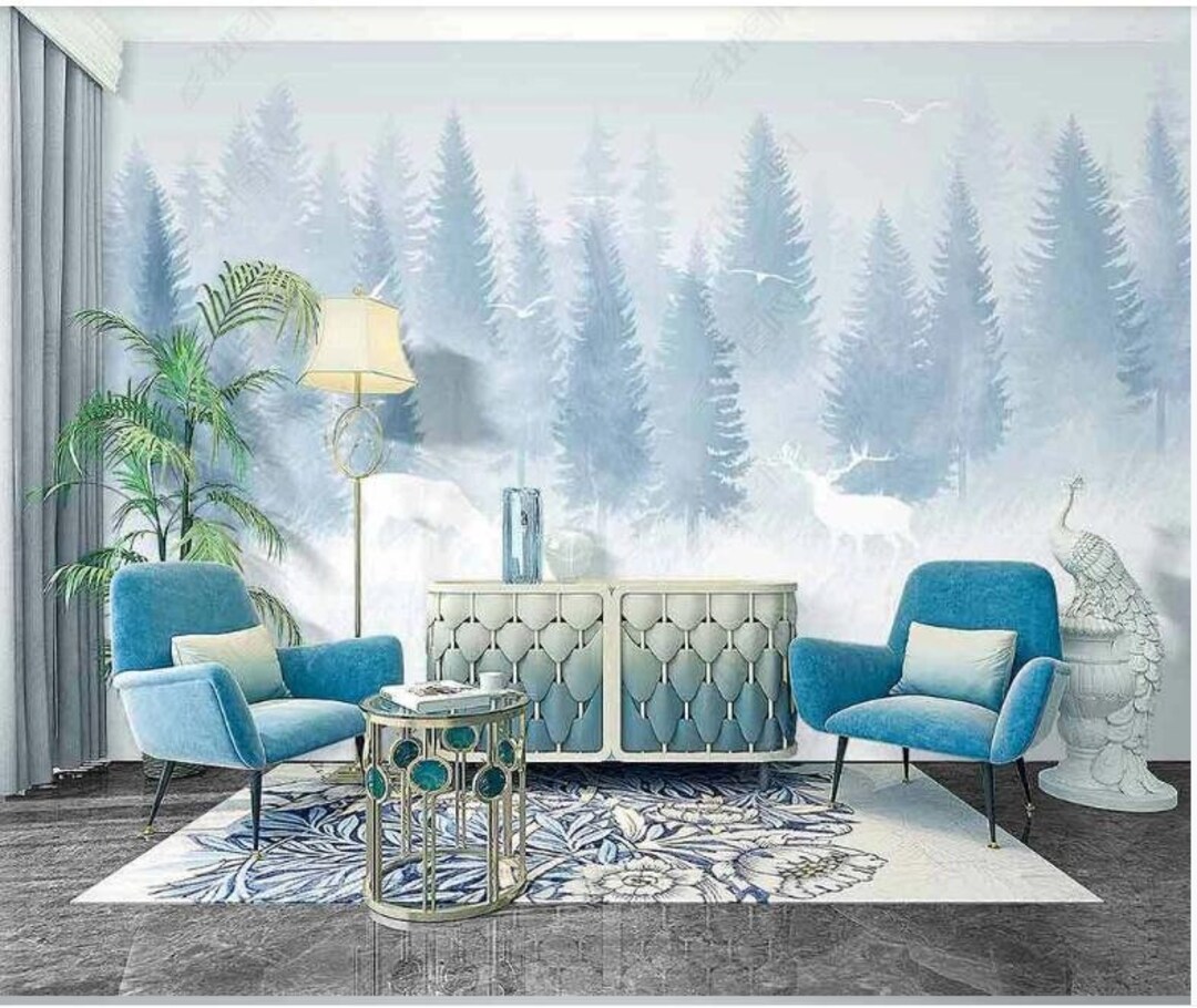 Abstract Blue Pine Trees Wallpaper Wall Mural, Misty Pine Trees Forest ...