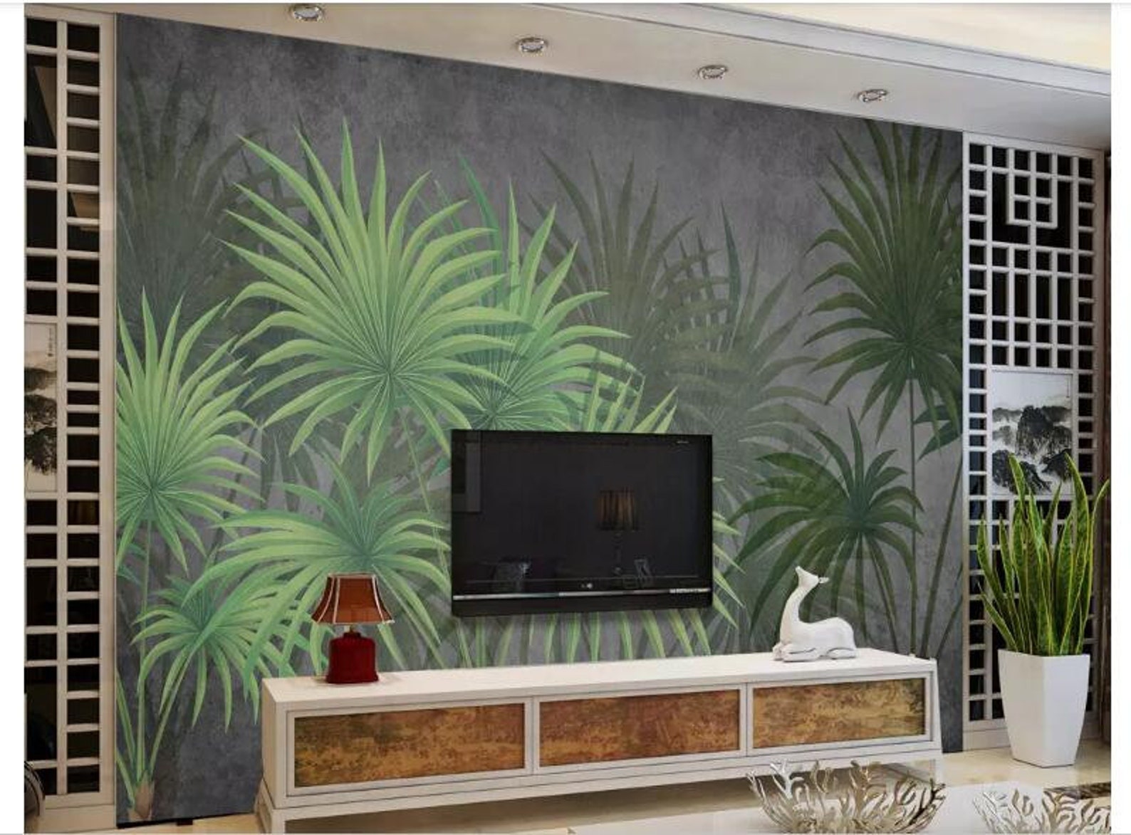 Hand Painted Palm Leaves Wallpaper Wall Mural Oil Painting - Etsy