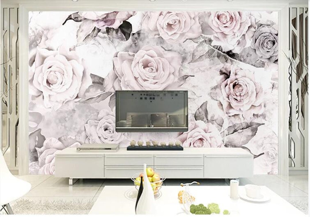Hand Painted Pale Pink Big Flowers Floral Wallpaper Wall Murals, Giant ...