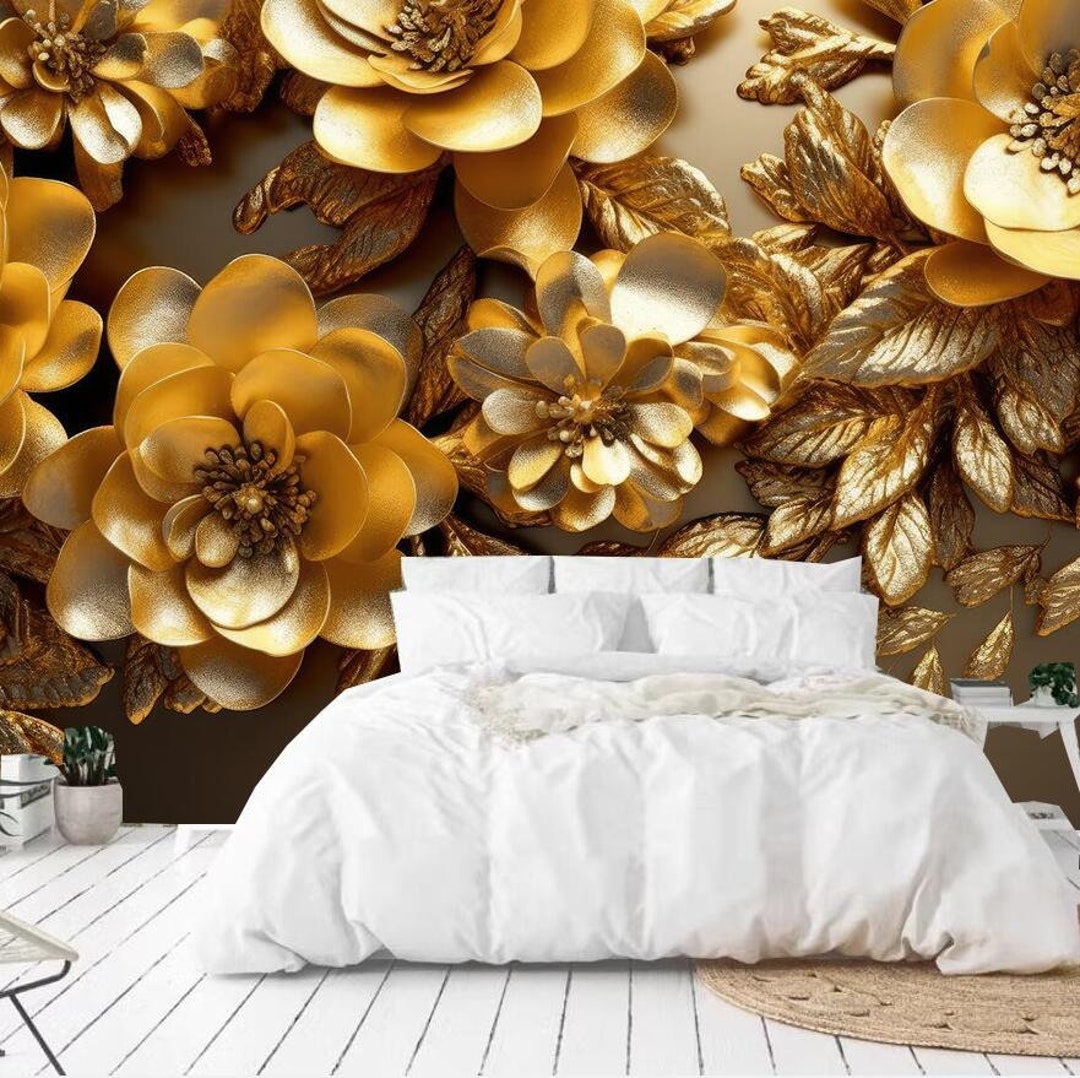 3D Golden Color Flowers Wallpaper Wall Mural, Big Flowers Background ...