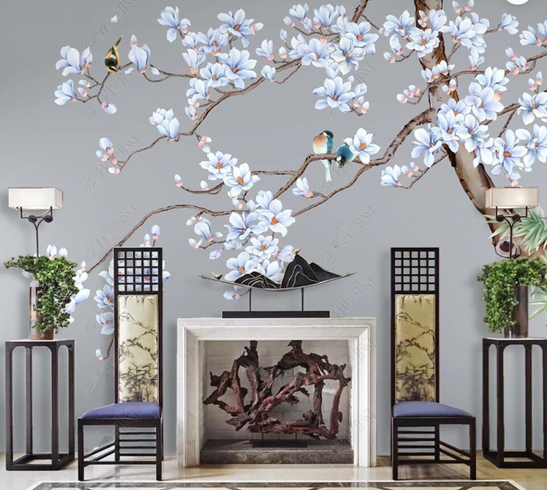 Chinoiserie Magnolia Branch Wallpaper Wall Mural, Magnolia Tree Wall ...