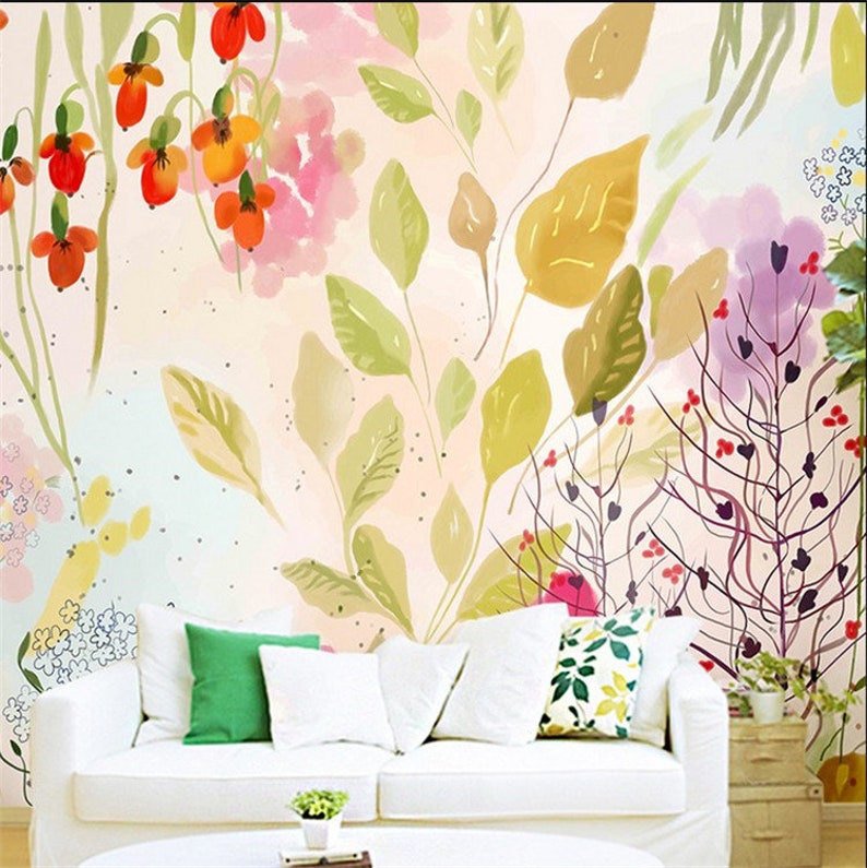 Hand Painted Watercolor Warm Color Floral Wallpaper Colorful - Etsy