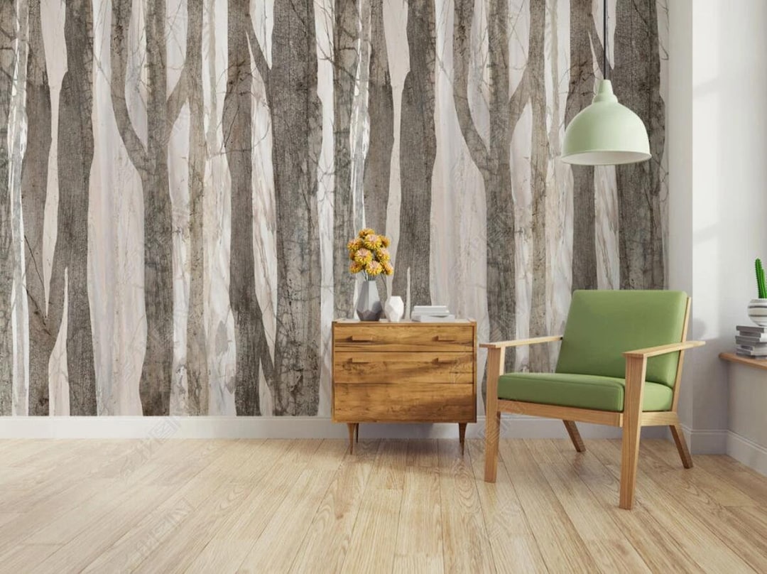 Retro Gray Trees Wallpaper Trees Mural Wall Decor - Etsy