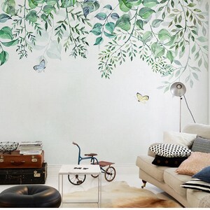 Hanging Spring Green Leaves Wallpaper Wall Mural, Fresh Vine Branch ...