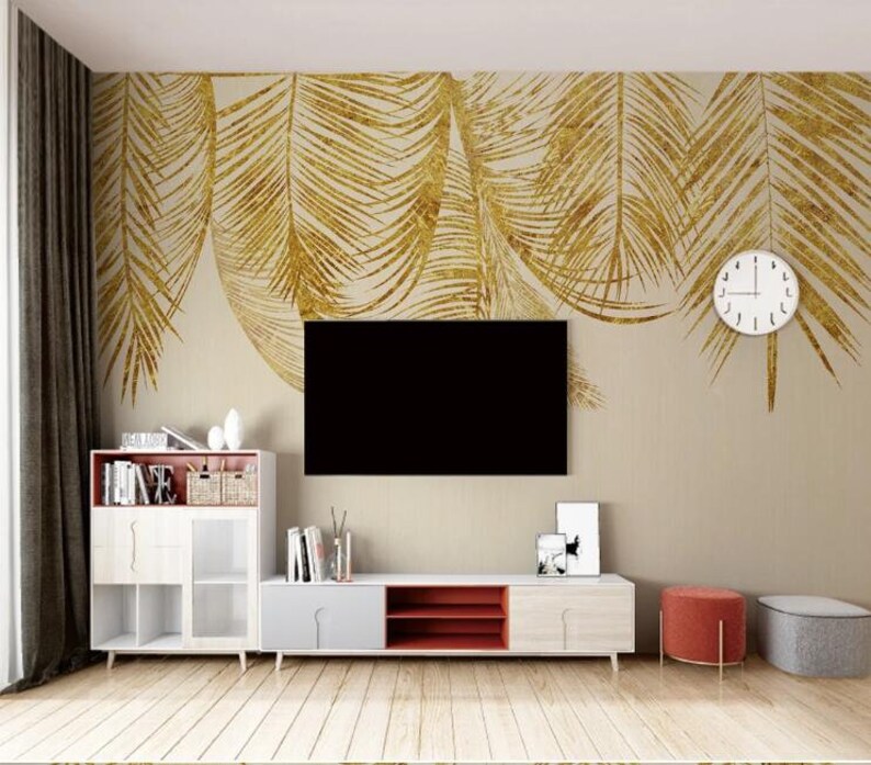 Modern Golden Leaves Wallpaper Wall Mural Beautiful Golden - Etsy