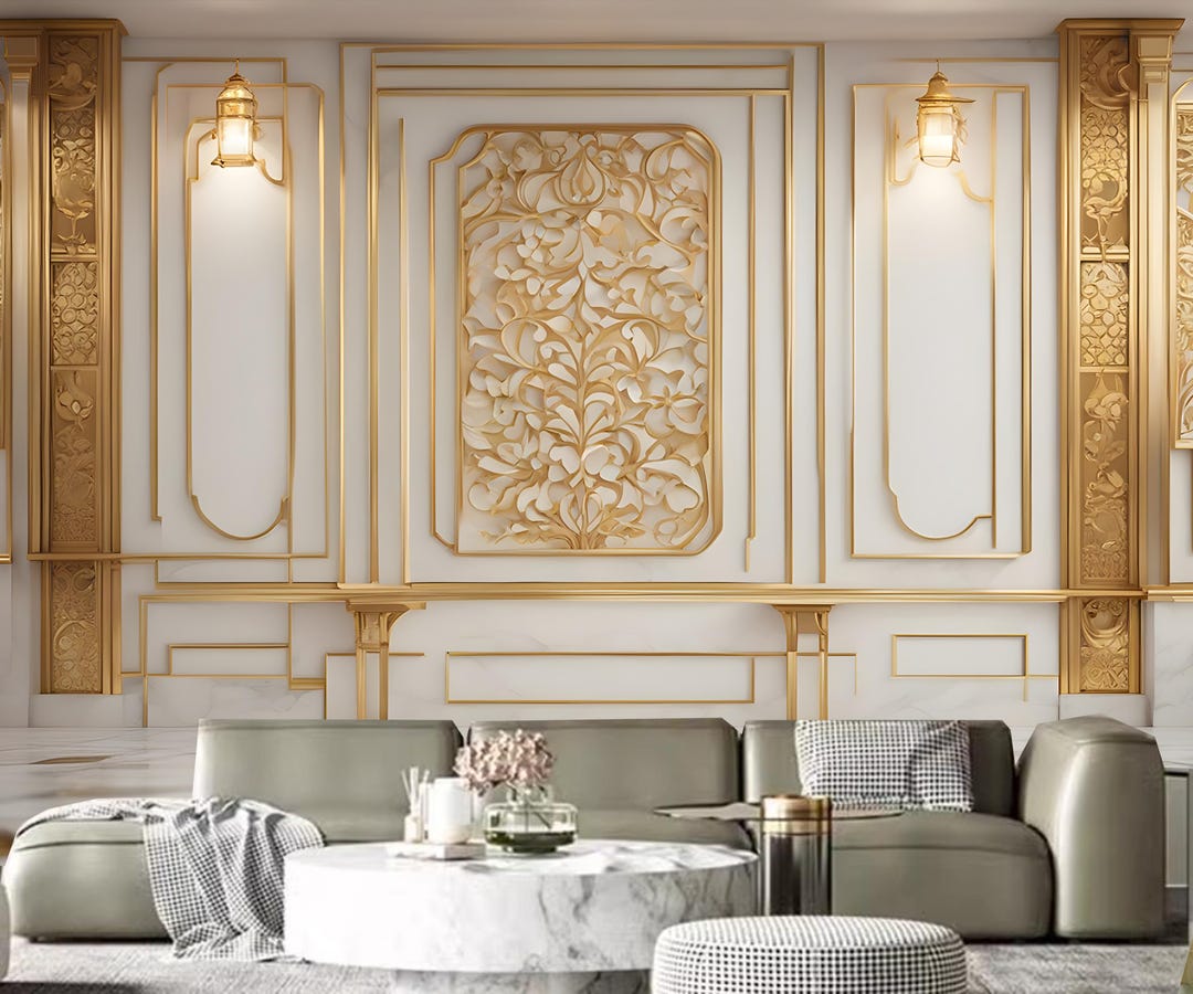 Design Interior Wall Render Floral Frame Wallpaper, Luxury Gold Frame ...