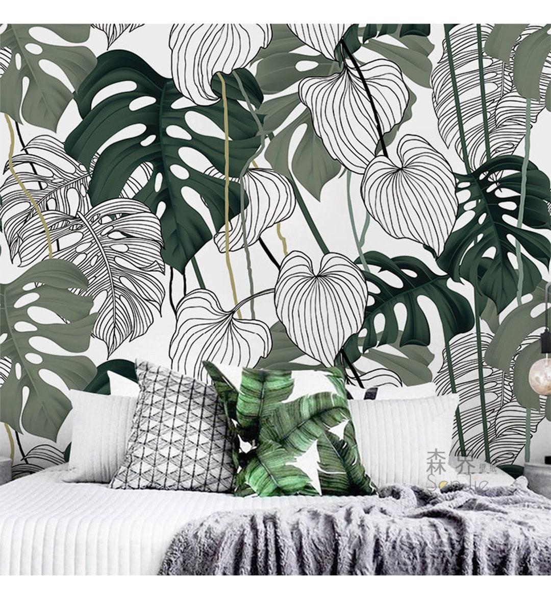 Simple Modern Tropical Leaves Wallpaper Wall Mural, Watercolor Green ...