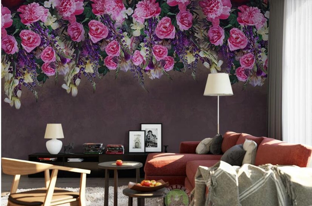 Hanging Pink Roses Flowers Blossom Floral Wallpaper Wall Mural, Hand ...