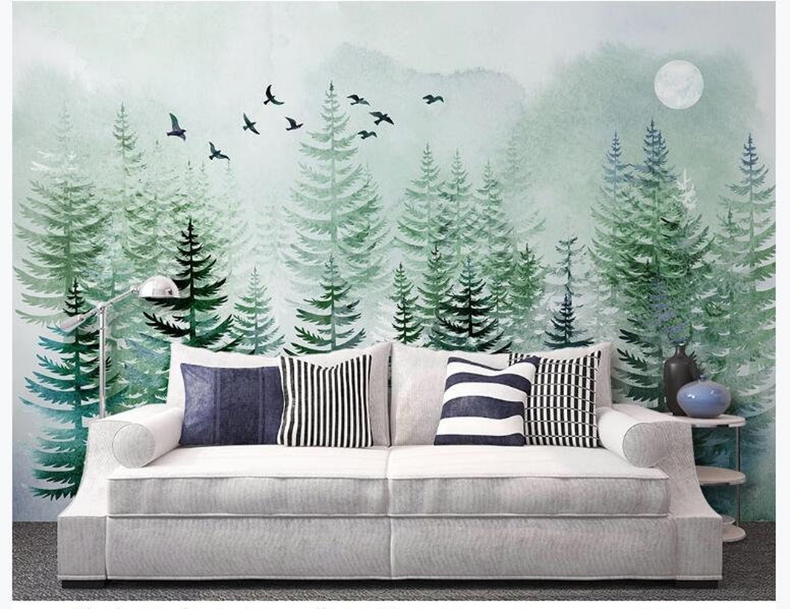 Abstract Pine Trees Wallpaper Wall Mural Green Pine Trees | Etsy