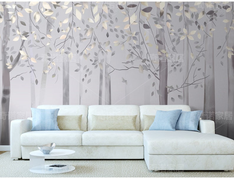 Hand Painted Grey Trees Wallpaper Wall Mural Grey Forest - Etsy
