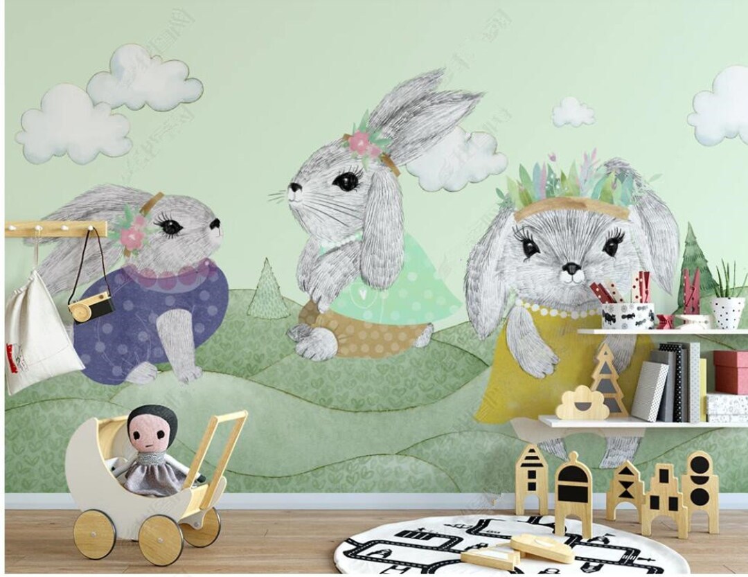 Cartoon Bunny Rabbits Wallpaper Mural: Kids' Nursery Room Decor - Etsy