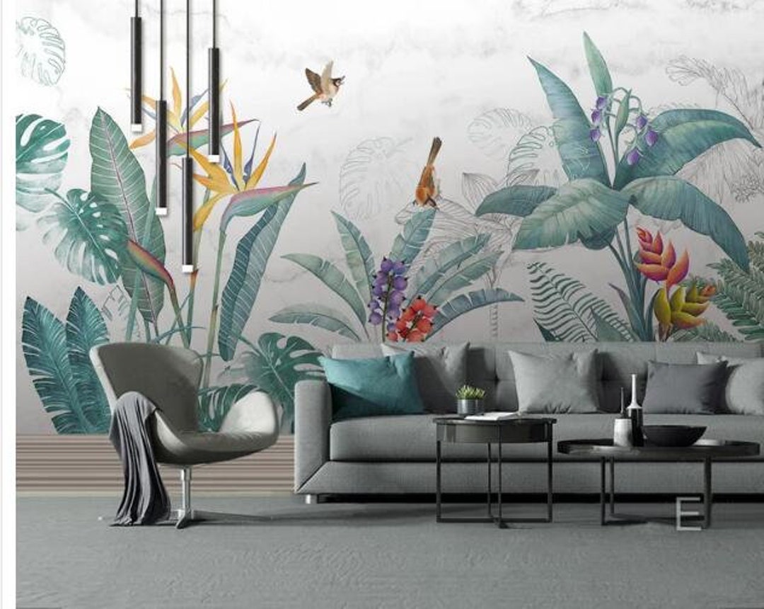 Hand Painted Retro Tropical Rainforest Plants Wallpaper Wall Mural, Oil ...