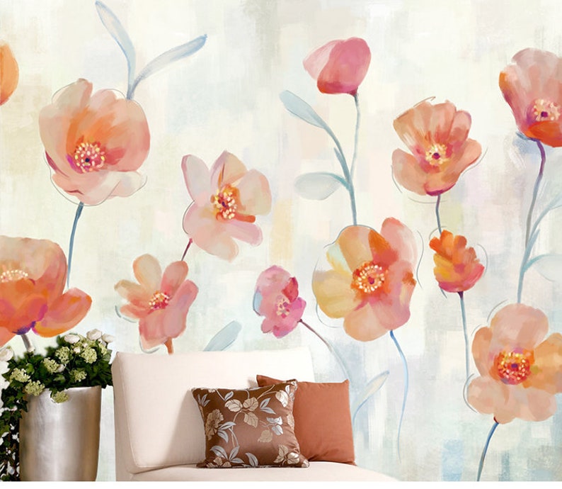 Watercolor Flowers Floral Wall Murals Wallpaper Big Flowers Etsy