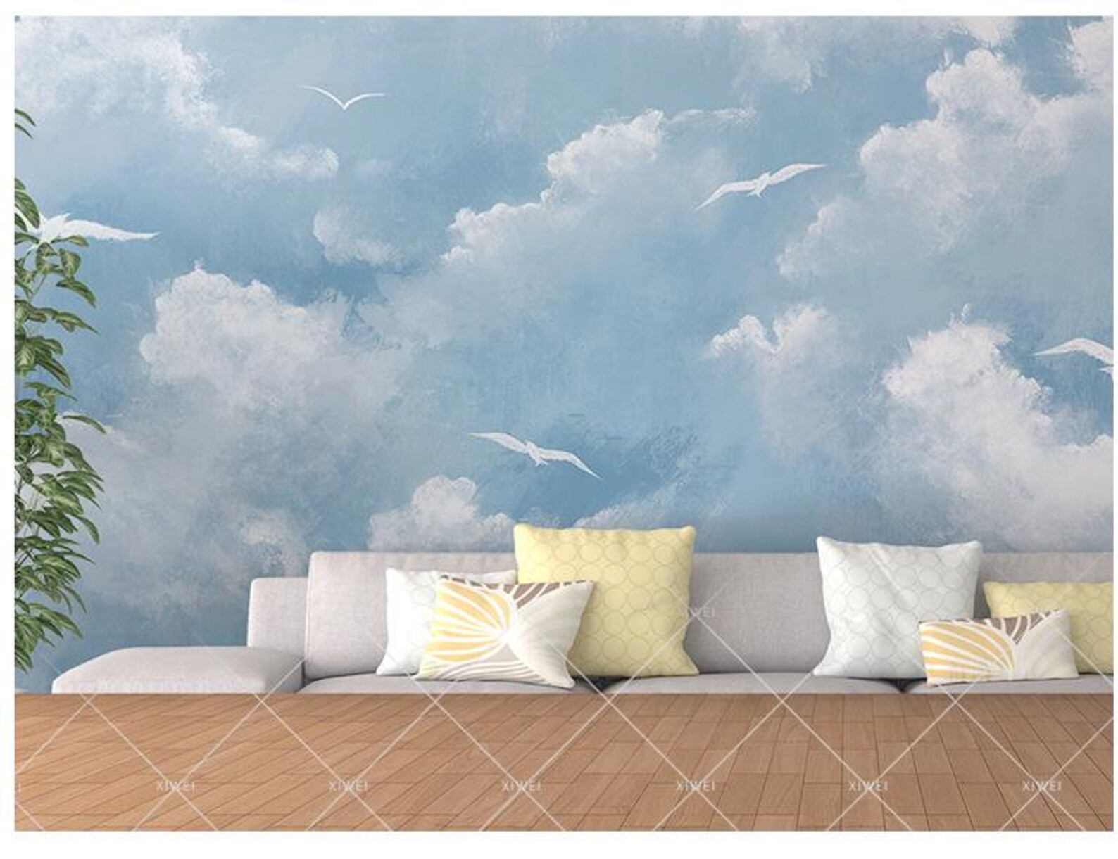 Hand Painted Blue Sky Clouds Wallpaper Wall Mural Beautiful | Etsy