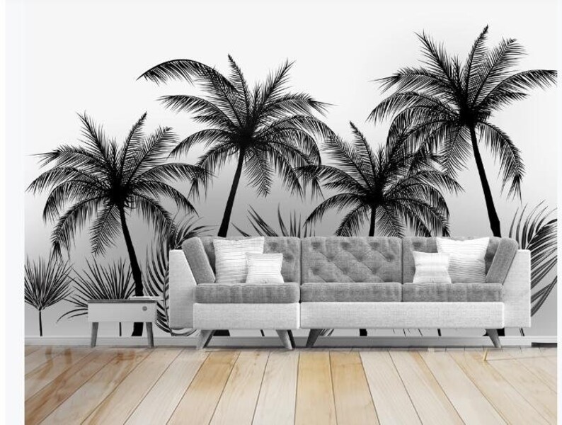 Sketch Black and White Coconut Trees Wallpaper Wall Mural - Etsy