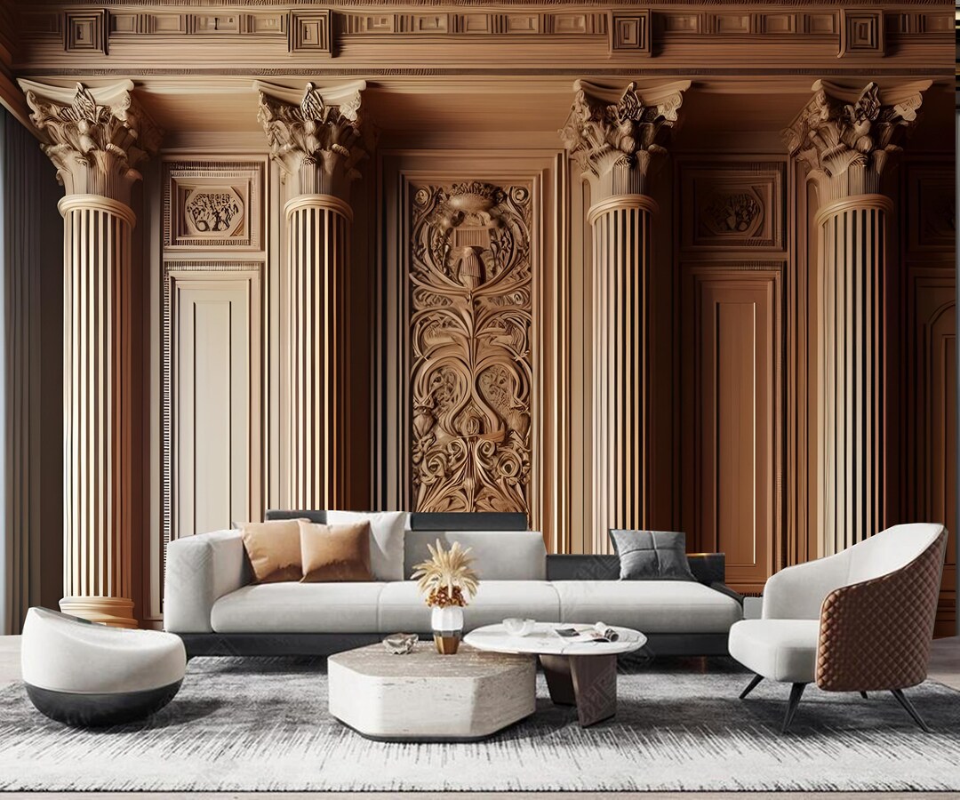 Large Column Floral Frame Wallpaper, Vintage Roman Column Interior ...