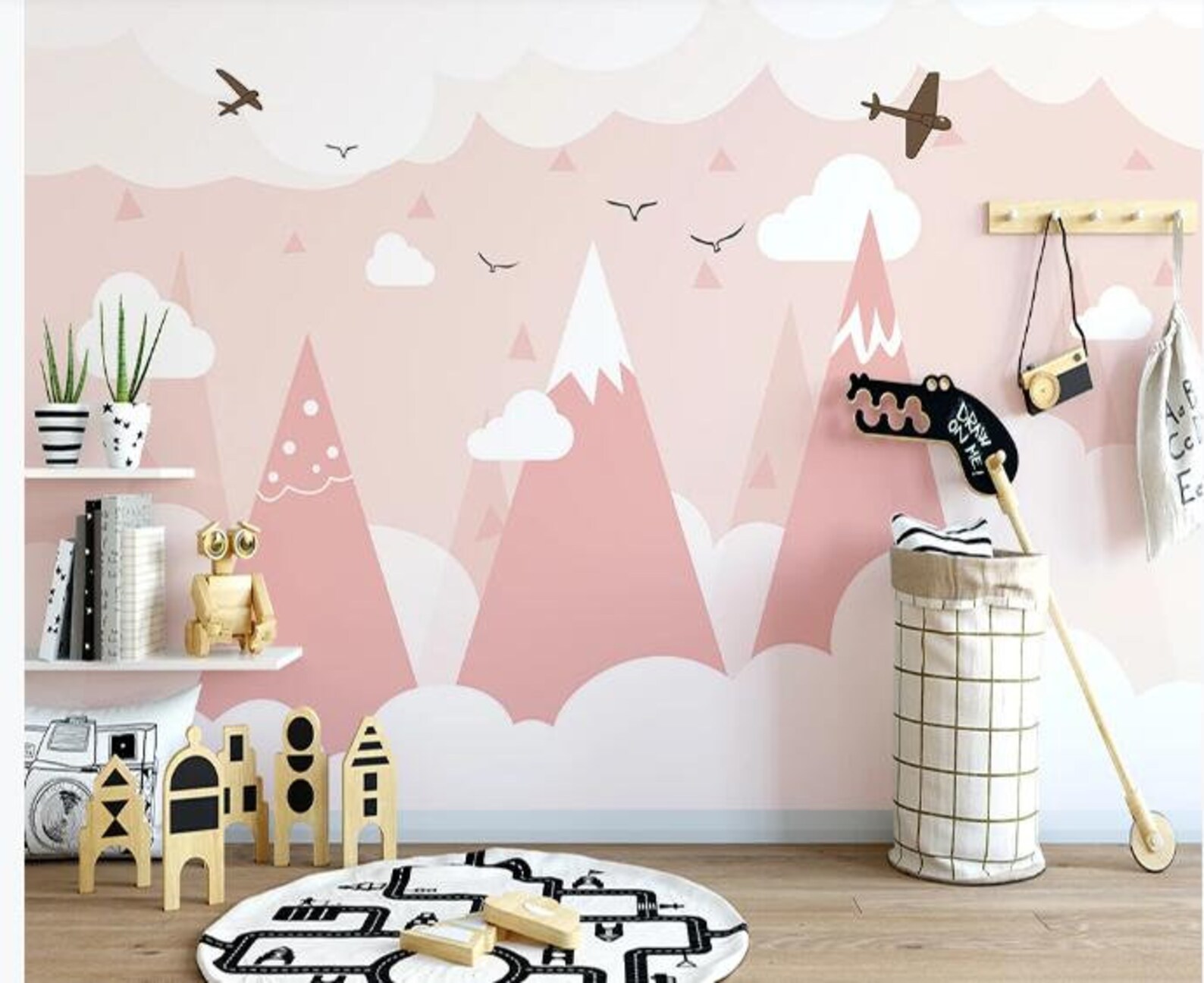 Pink Triangle Mountains With Clouds Nursery Wallpaper Wall | Etsy