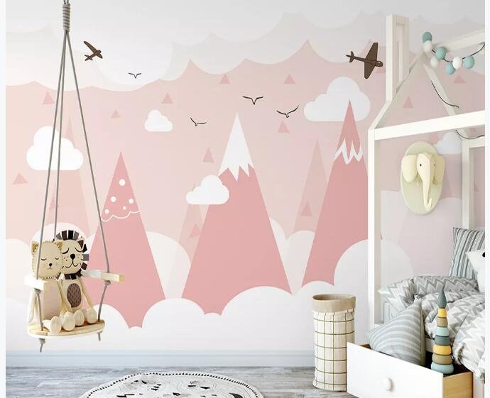 Pink Triangle Mountains With Clouds Nursery Wallpaper Wall | Etsy