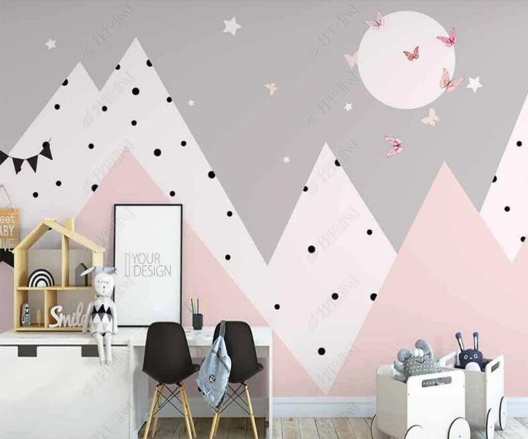 Pink and White Triangle Mountains Wallpaper Mural: Grey Geometric ...