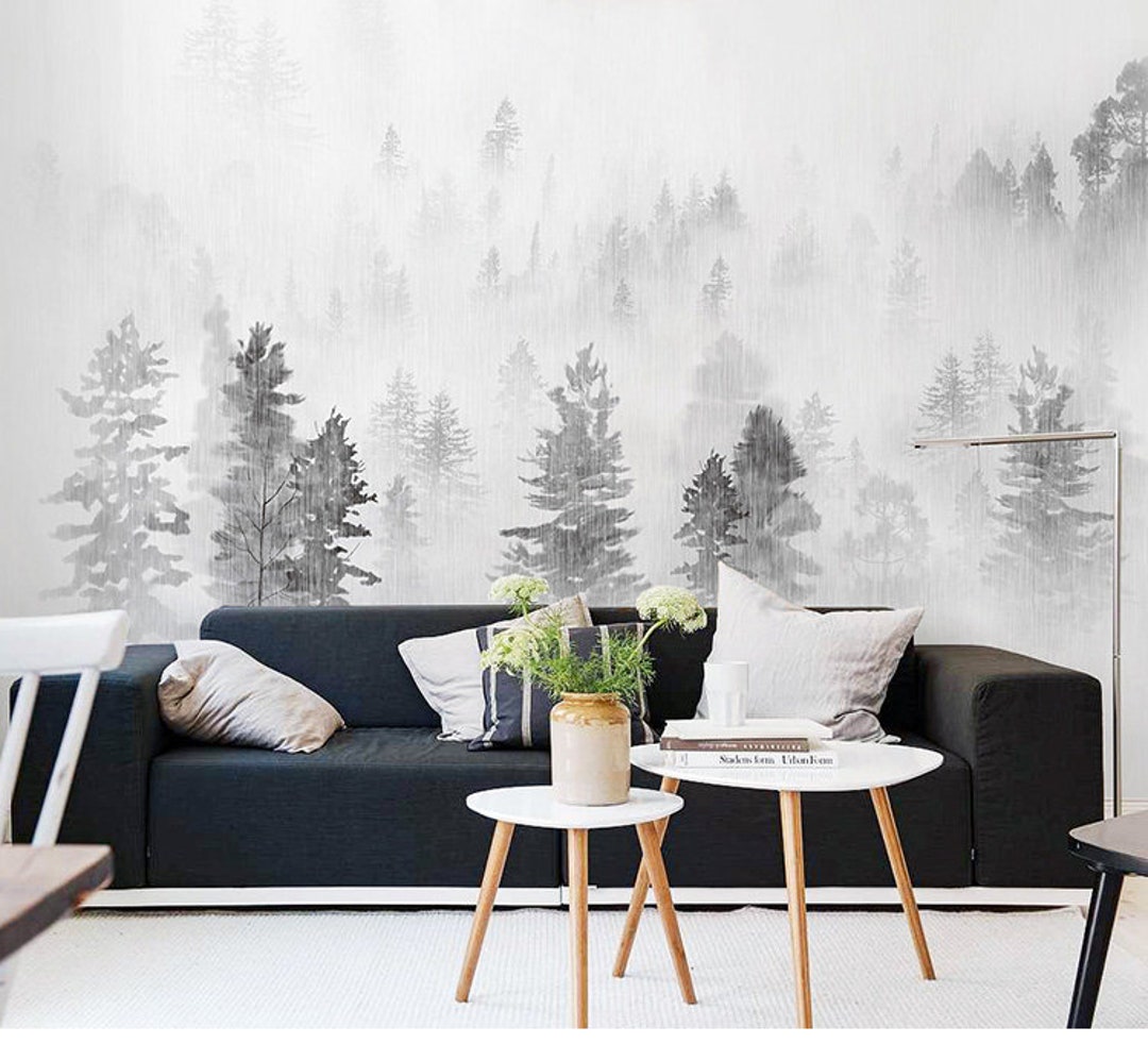 Abstract Ink Hand Painted Pines Forest Scenic Wallpaper Wall Mural ...