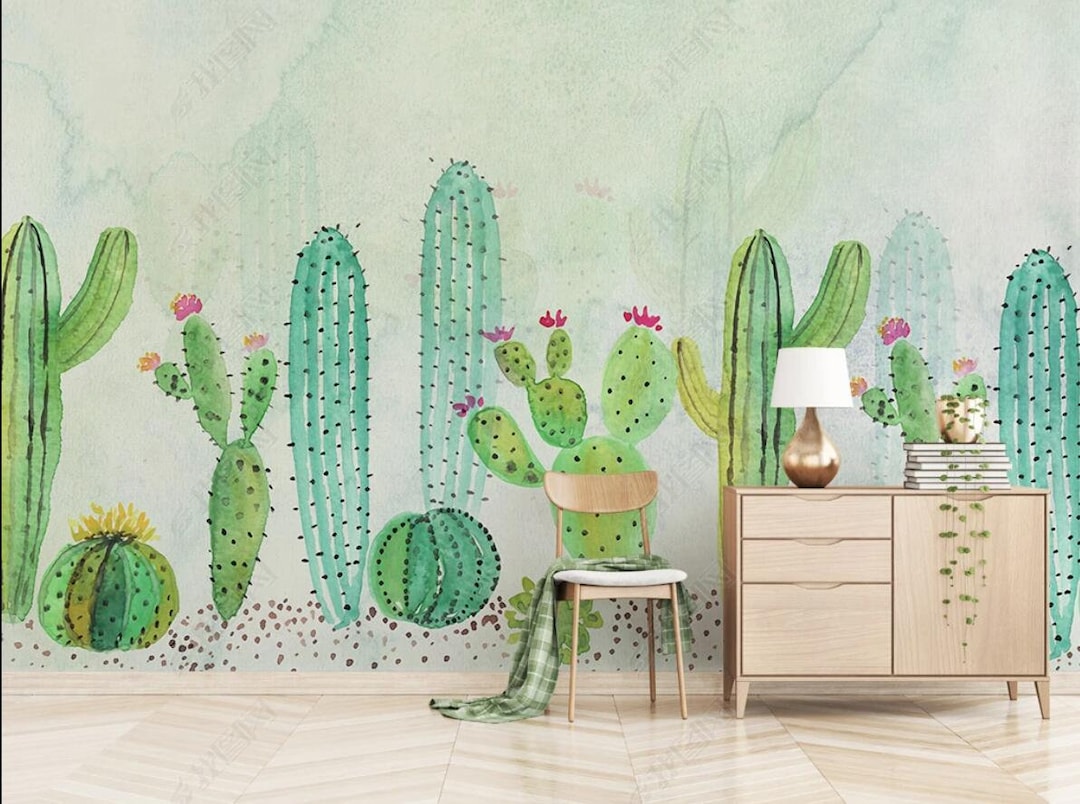 Watercolor Cactus Plants Wallpaper Wall Mural, Watercolor Cactus Plants ...