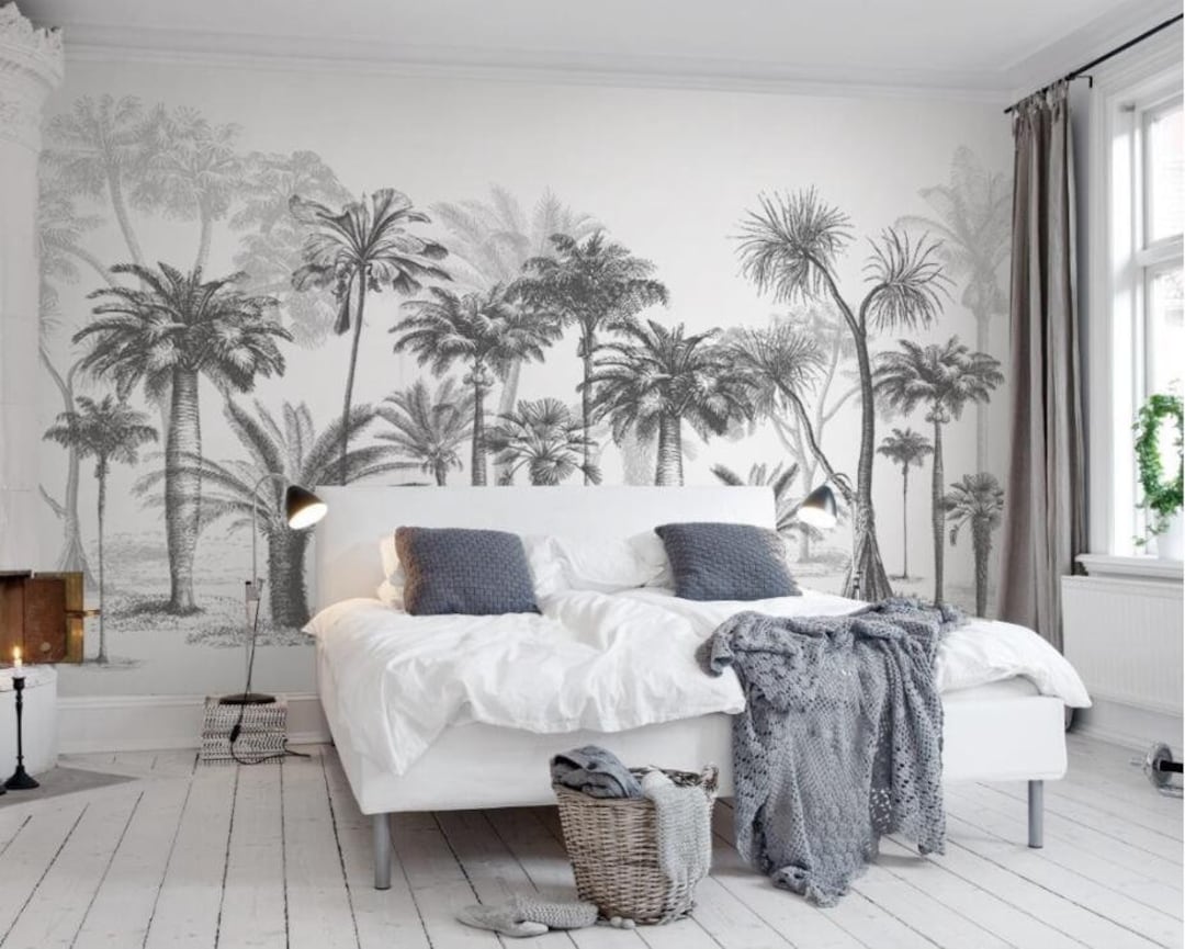 Black and White Coconut Tree Wall Mural: Tropical Rainforest Sketch - Etsy